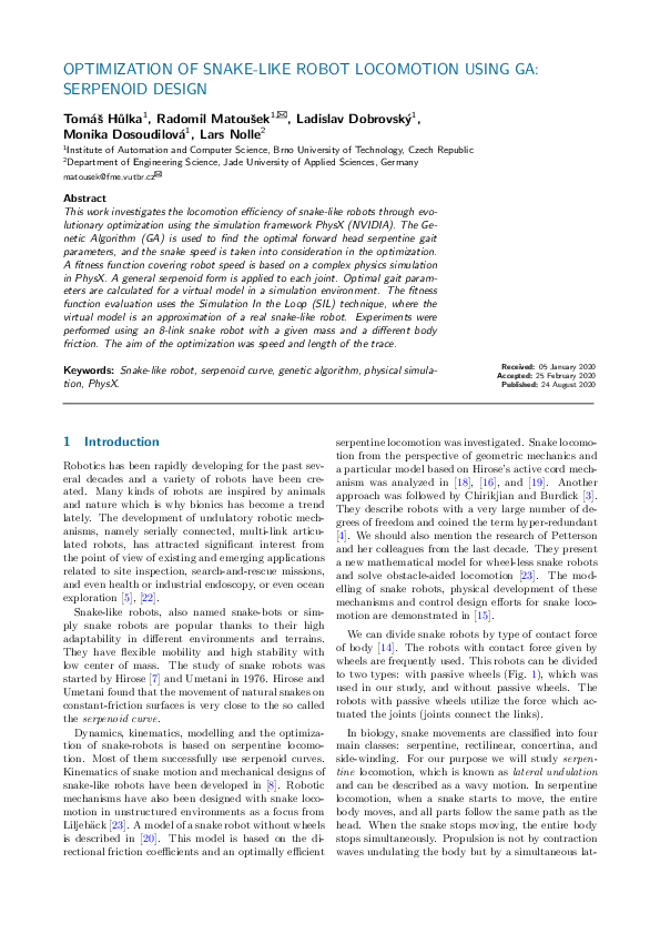 (PDF) Optimization of Snake-like Robot Locomotion Using GA: Serpenoid Design
