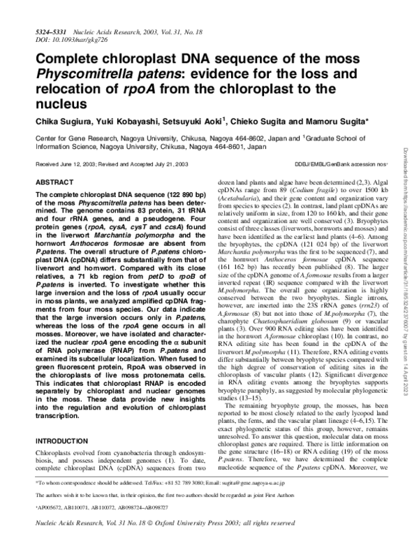 (PDF) Complete chloroplast DNA sequence of the moss Physcomitrella patens: evidence for the loss ...