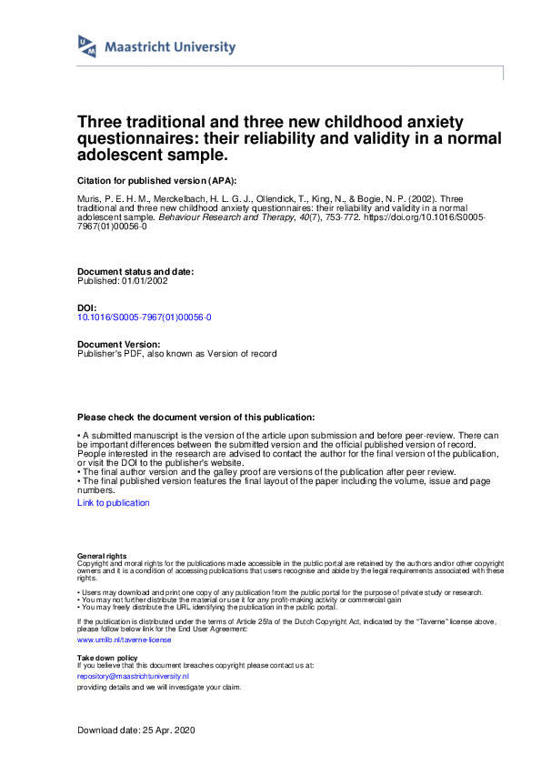 (PDF) Three traditional and three new childhood anxiety questionnaires ...