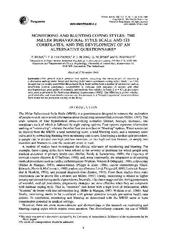 (PDF) Monitoring and blunting coping styles: The Miller behavioural ...