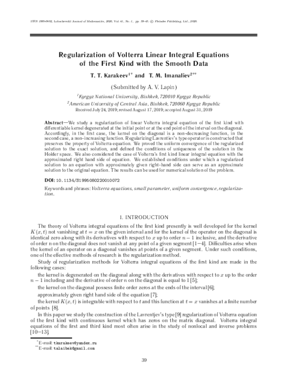Pdf Regularization Of Volterra Linear Integral Equations Of The First