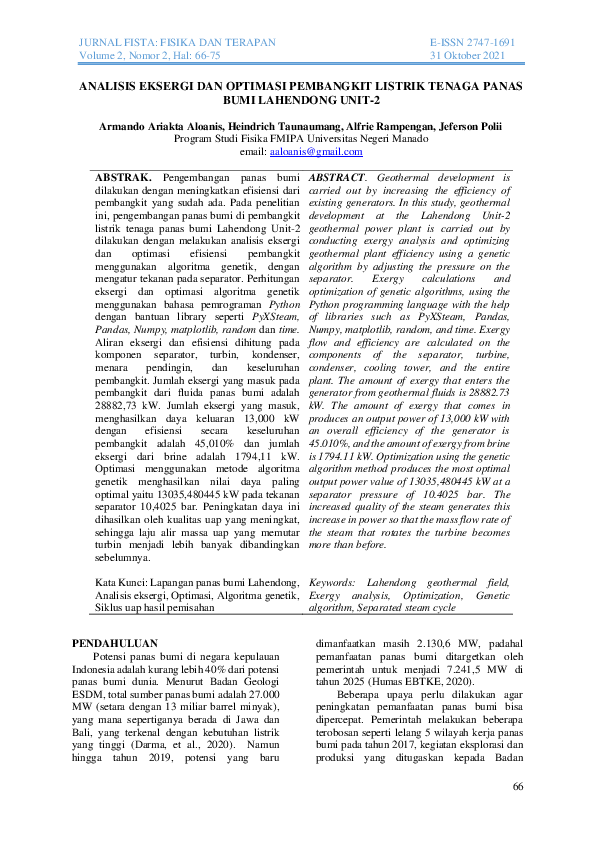 (PDF) Analisis Eksergi Dan Optimasi Pembangkit Listrik Tenaga Panas ...