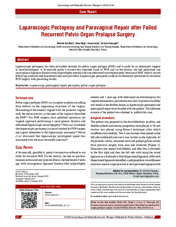 (PDF) Laparoscopic pectopexy and paravaginal repair after failed recurrent pelvic organ prolapse ...