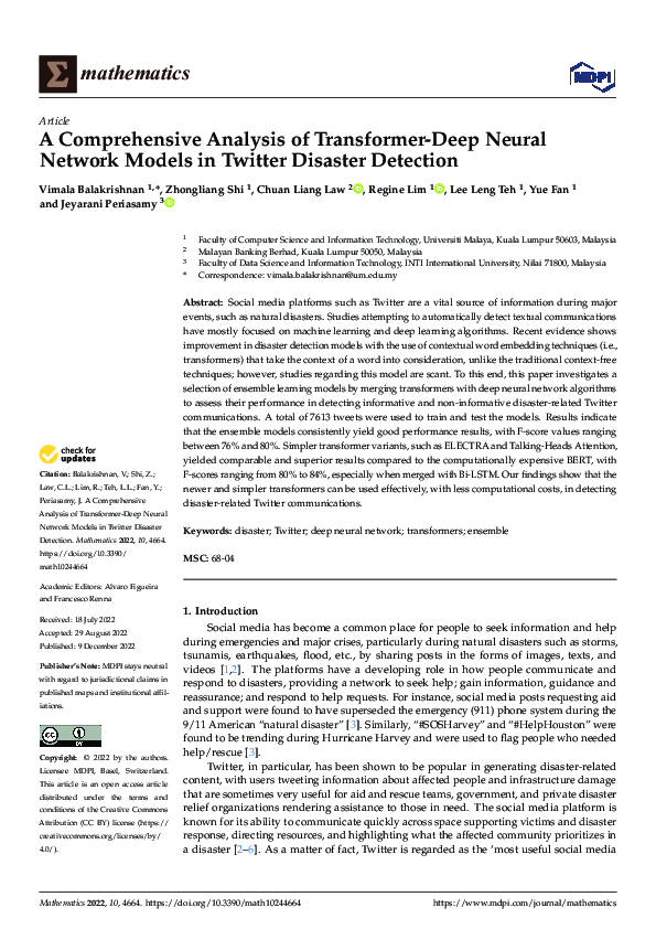 Pdf A Comprehensive Analysis Of Transformer Deep Neural Network Models In Twitter Disaster