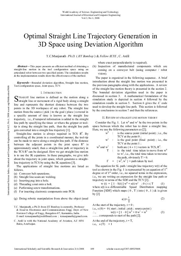 Pdf Optimal Straight Line Trajectory Generation In 3d Space Using Deviation Algorithm