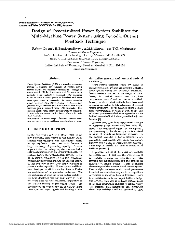 (PDF) Design of decentralized power system stabilizer for multi-machine ...