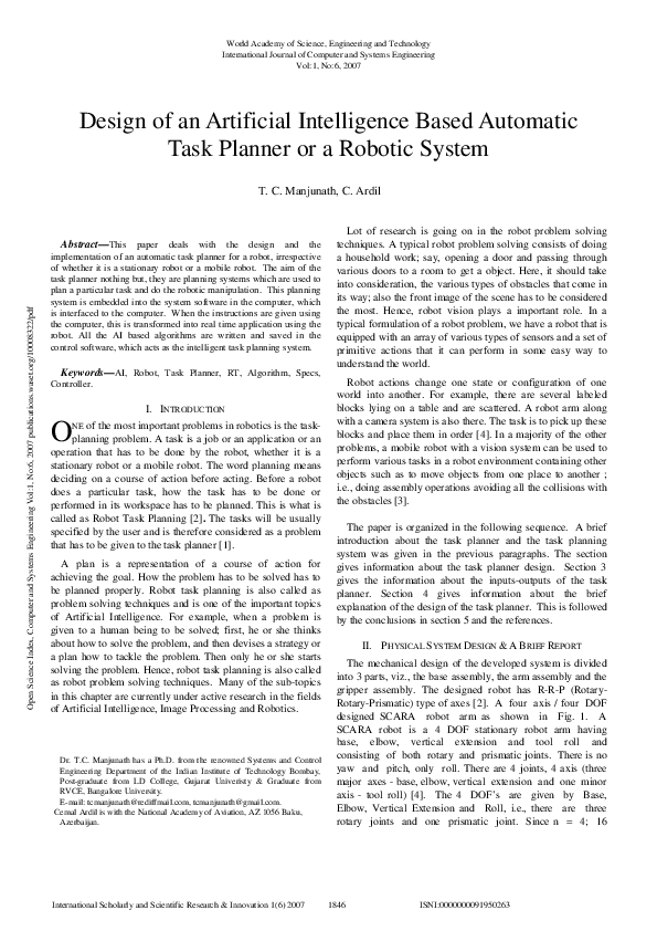 (PDF) Design Of An Artificial Intelligence Based Automatic Task Planner ...