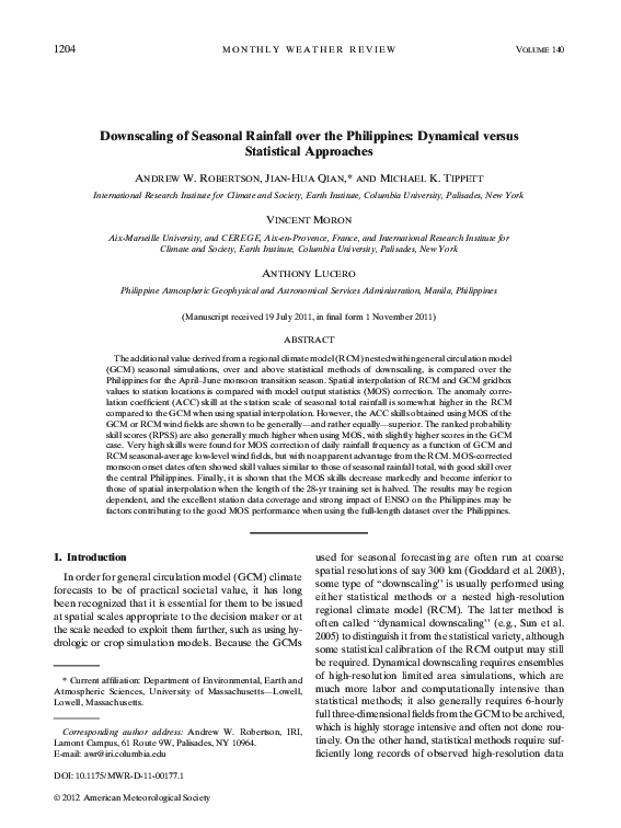 Pdf Downscaling Of Seasonal Rainfall Over The Philippines Dynamical Versus Statistical Approaches