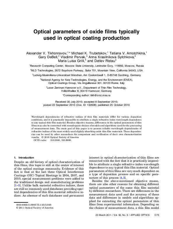 (PDF) Optical parameters of oxide films typically used in optical ...