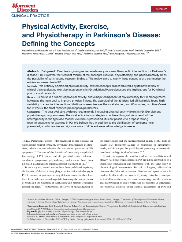 (PDF) Physical Activity, Exercise, and Physiotherapy in Parkinson's Disease: Defining the Concepts