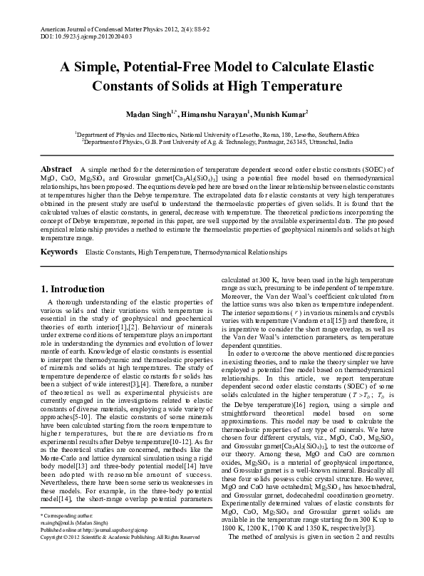 (PDF) A Simple, Potential-Free Model to Calculate Elastic Constants of Solids at High Temperature