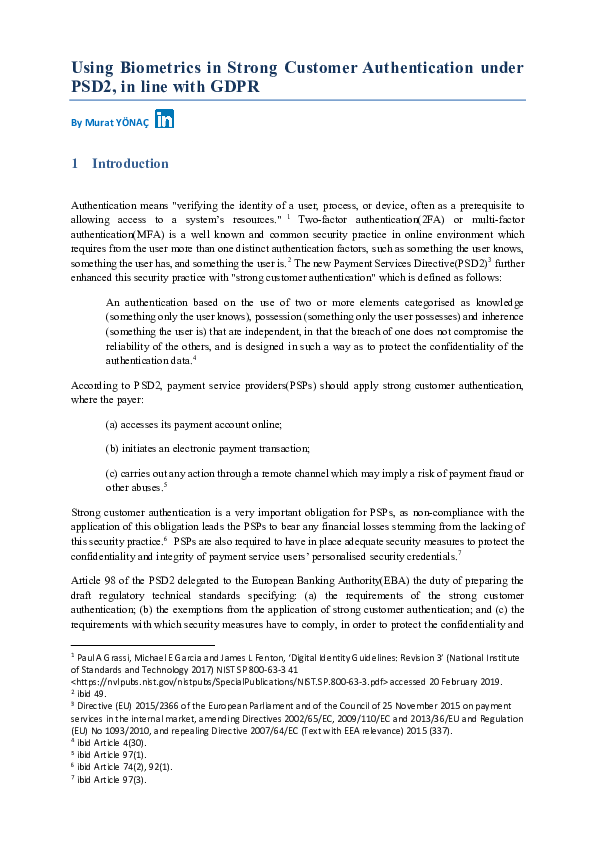 (PDF) Using Biometrics in Strong Customer Authentication under PSD2, in ...