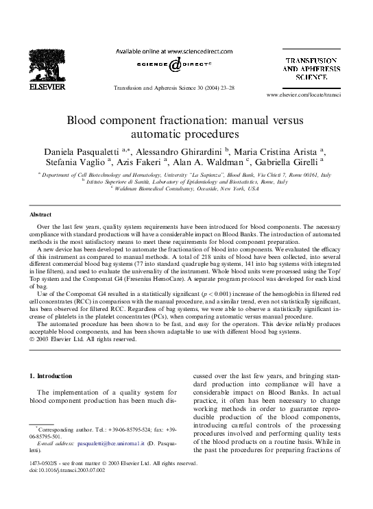 (PDF) Blood component fractionation: manual versus automatic procedures