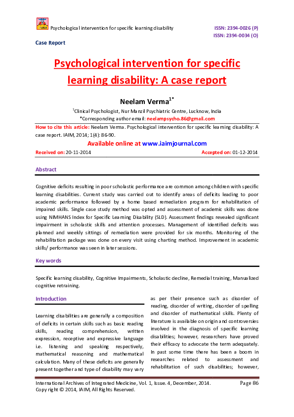 (PDF) Psychological intervention for specific learning disability: A ...