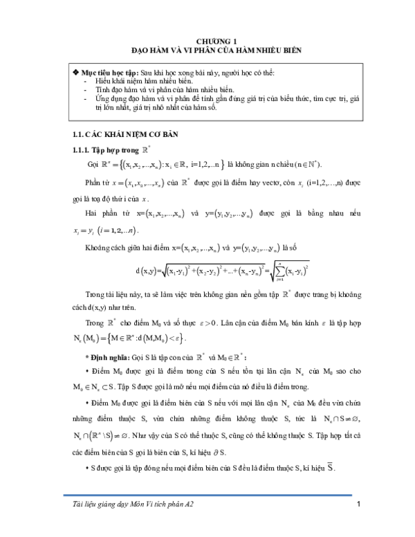 (PDF) Tài liệu giảng dạy Môn Vi tích phân A2 - Đạo hàm và vi phân hàm nhiều biến.