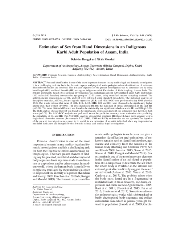 Pdf Estimation Of Sex From Hand Dimensions In An Indigenous Karbi Adult Population Of Assam India