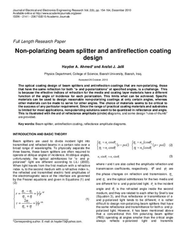 (PDF) Non-polarizing beam splitter and antireflection coating design