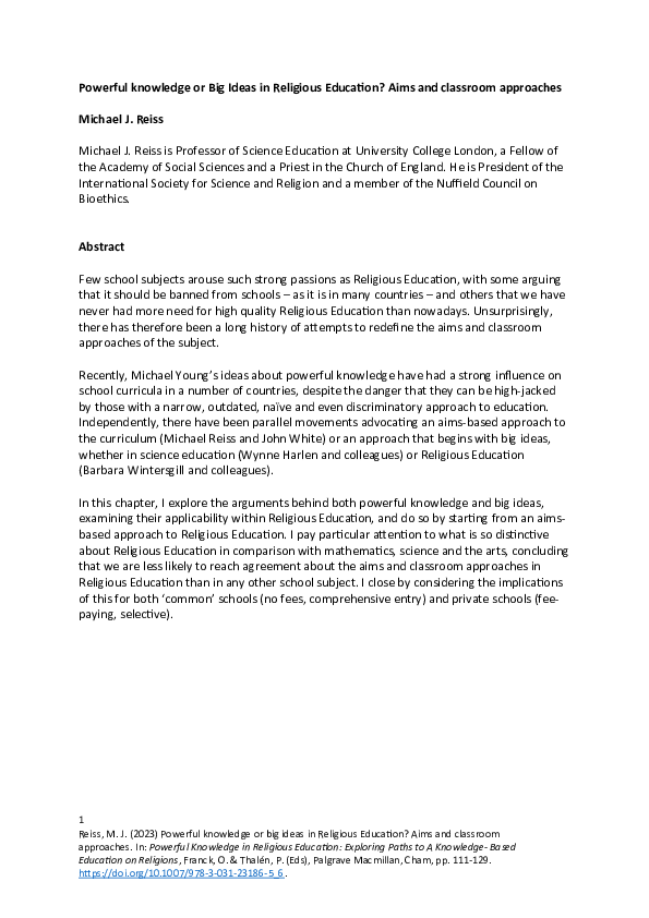 (DOC) Powerful knowledge or Big Ideas in Religious Education? Aims and ...