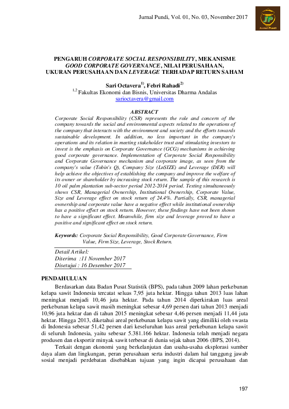 (PDF) Pengaruh Corporate Social Responsibility, Mekanisme Good ... (PDF) Pengaruh Corporate Social Responsibility, Mekanisme Good ...