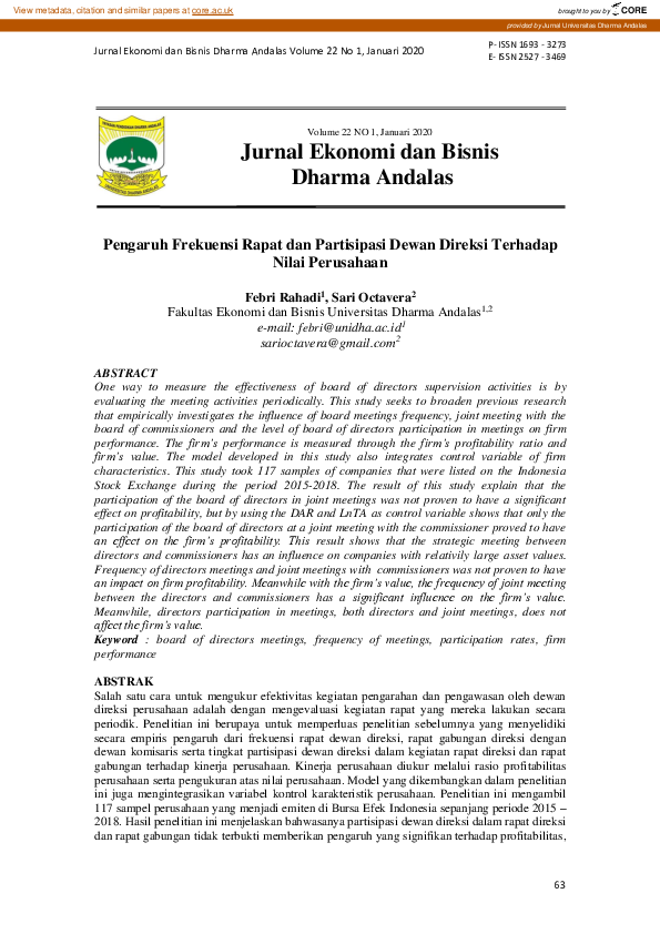 (PDF) Pengaruh Frekuensi Rapat dan Partisipasi Dewan Direksi Terhadap Nilai Perusahaan