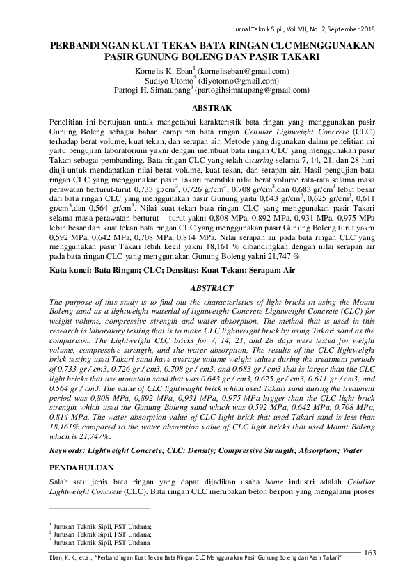 (PDF) Perbandingan Kuat Tekan Bata Ringan CLC Menggunakan Pasir Gunung Boleng Dan Pasir Takari