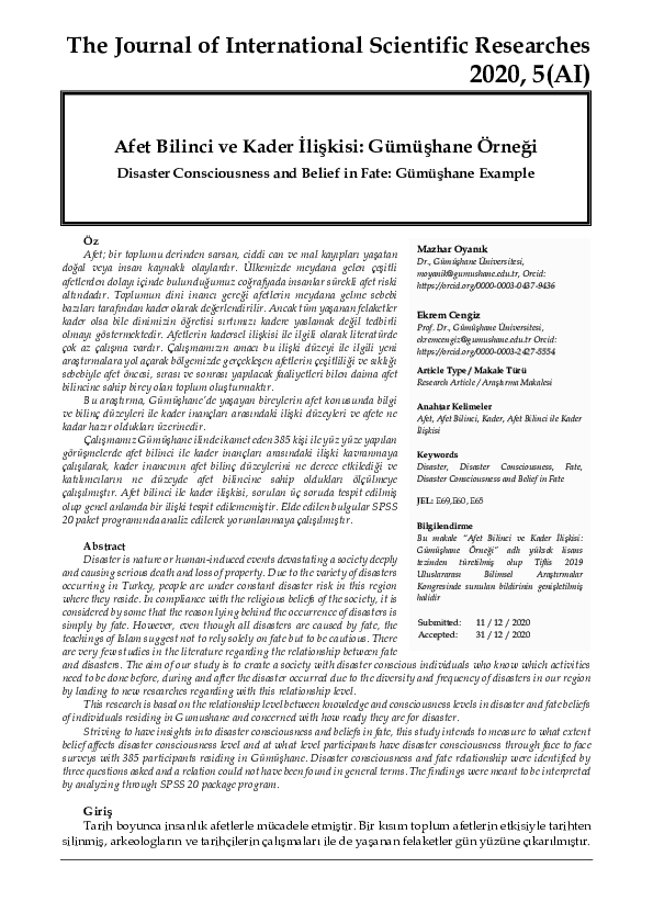 (PDF) Disaster Consciousness And Belief in Fate: Gümüşhane Example