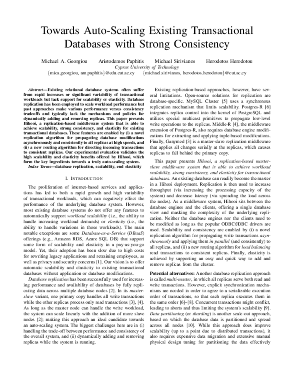 Pdf Towards Auto Scaling Existing Transactional Databases With Strong Consistency