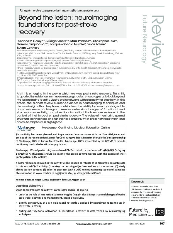 (PDF) Beyond the lesion: neuroimaging foundations for post-stroke recovery | susan palmer ...