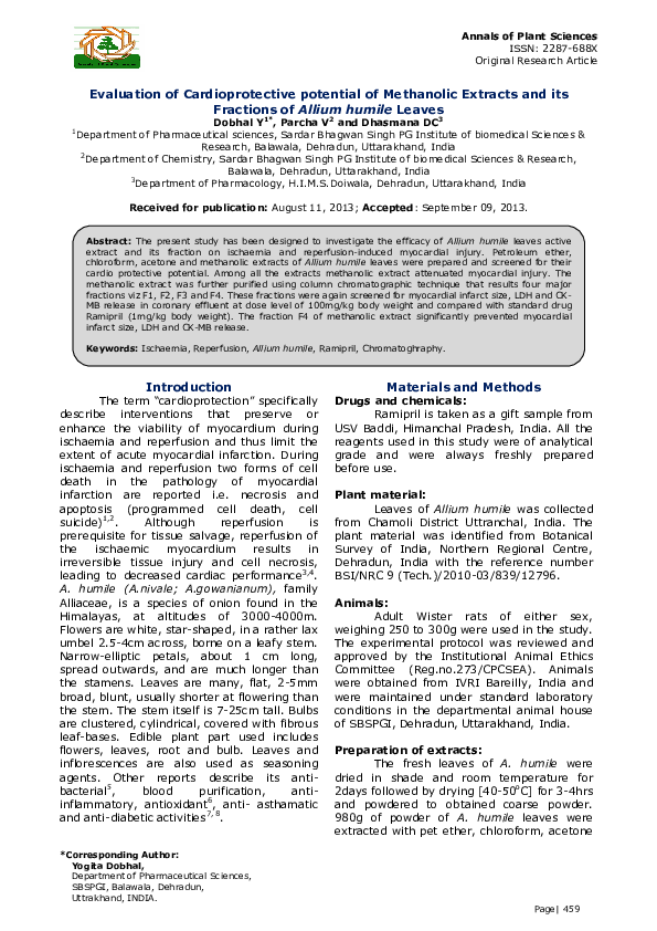 (PDF) Evaluation of Cardioprotective potential of Methanolic Extracts and its Fractions of ...