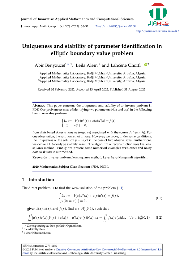 (PDF) Uniqueness and stability of parameter identification in elliptic boundary value problem