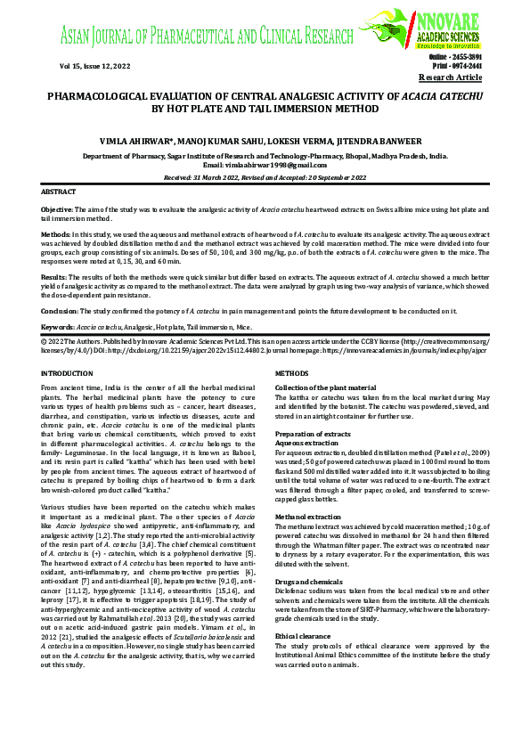 (PDF) PHARMACOLOGICAL EVALUATION OF CENTRAL ANALGESIC ACTIVITY OF ...
