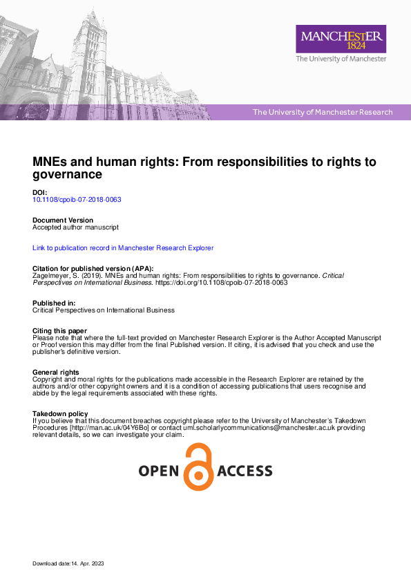 (PDF) MNEs and human rights: from responsibilities to rights to governance