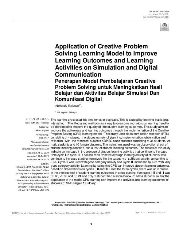 (PDF) Application of Creative Problem Solving Learning Model to Improve Learning Outcomes and ...