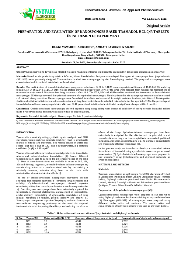 Pdf Preparation And Evaluation Of Nanosponges Based Tramadol Hcl C R Tablets Using Design Of