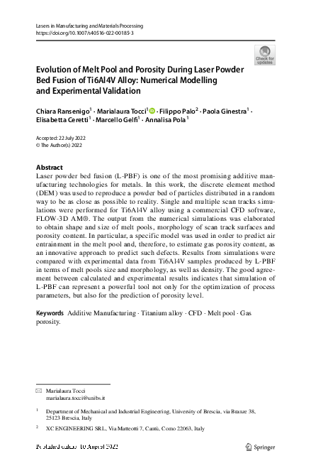 (PDF) Evolution of Melt Pool and Porosity During Laser Powder Bed Fusion of Ti6Al4V Alloy ...
