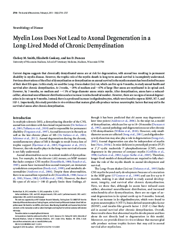 (PDF) Myelin Loss Does Not Lead to Axonal Degeneration in a Long-Lived Model of Chronic ...