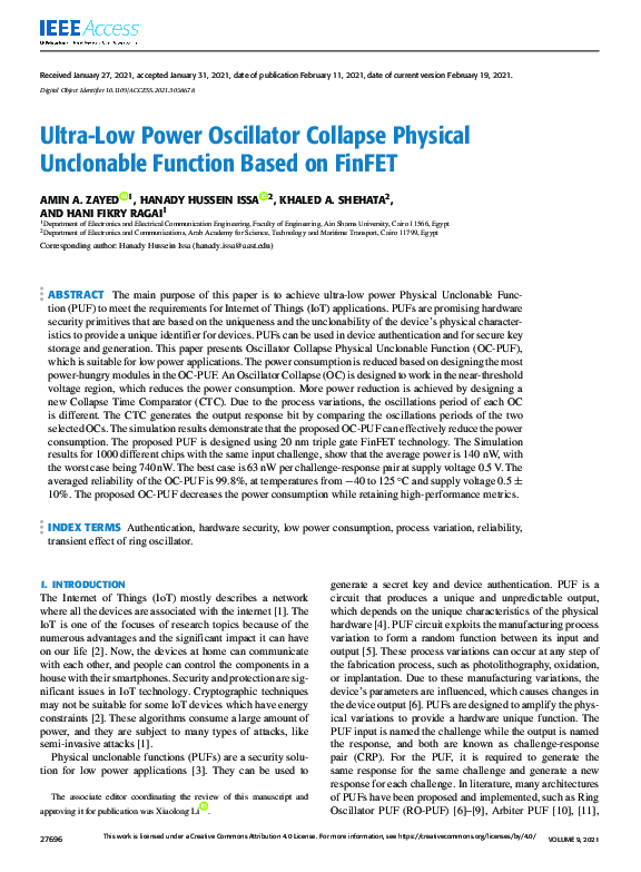 (PDF) Ultra-Low Power Oscillator Collapse Physical Unclonable Function Based on FinFET