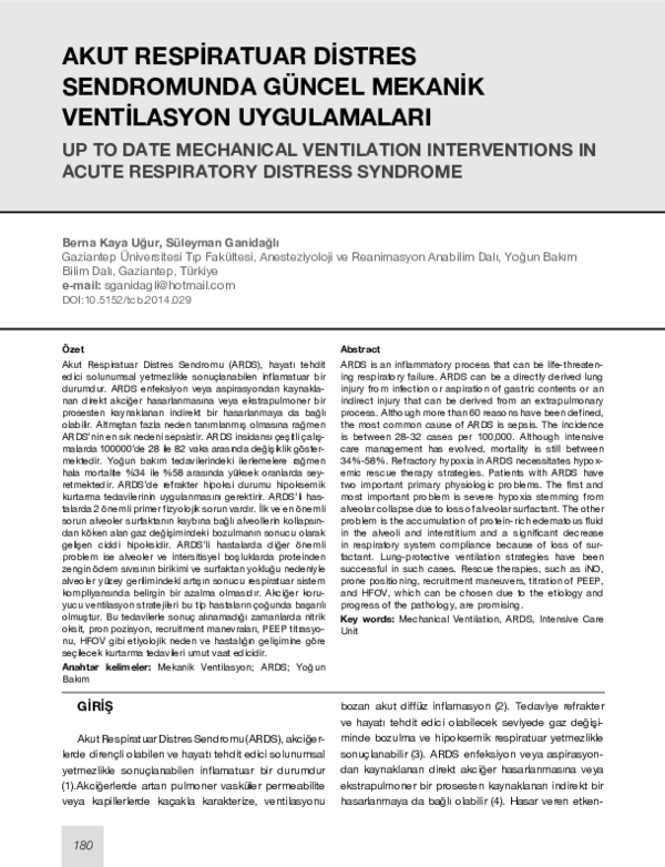 (PDF) Akut Respiratuar Distres Sendromunda Güncel Mekanik Ventilasyon Uygulamalari