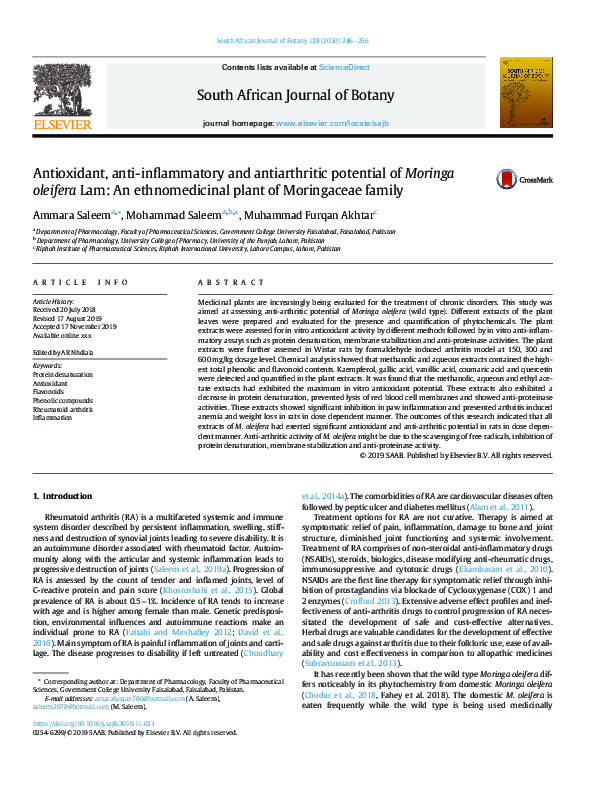 (PDF) Antioxidant, anti-inflammatory and antiarthritic potential of Moringa oleifera Lam: An ...