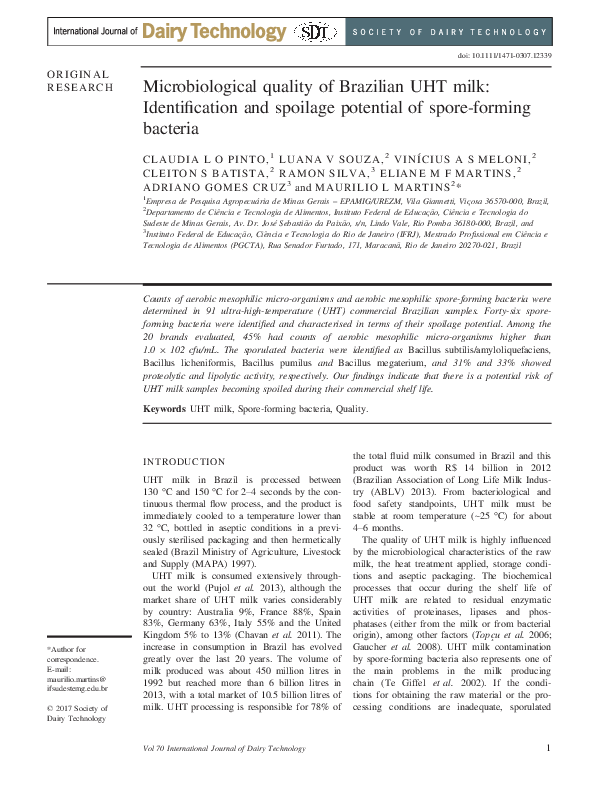 (PDF) Microbiological quality of Brazilian UHT milk: Identification and ...
