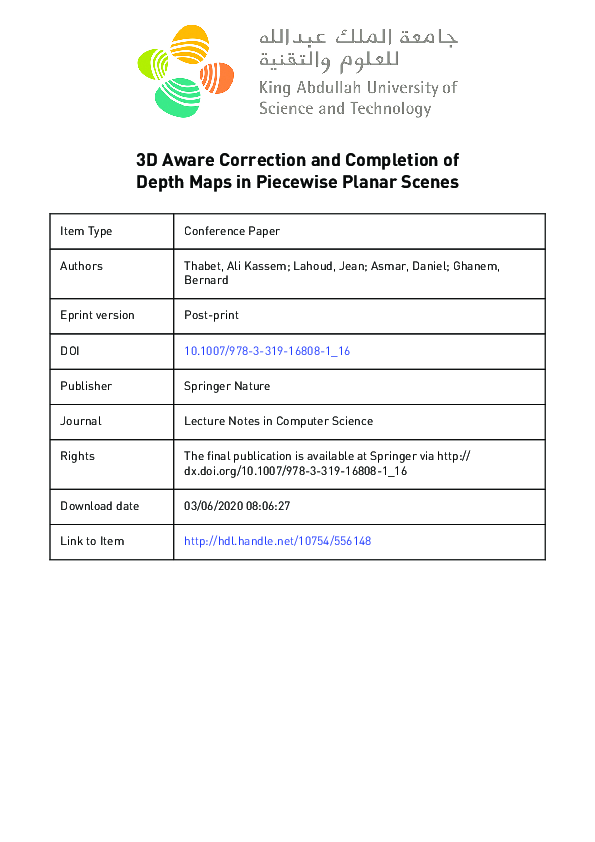 (PDF) 3D Aware Correction and Completion of Depth Maps in Piecewise Planar Scenes