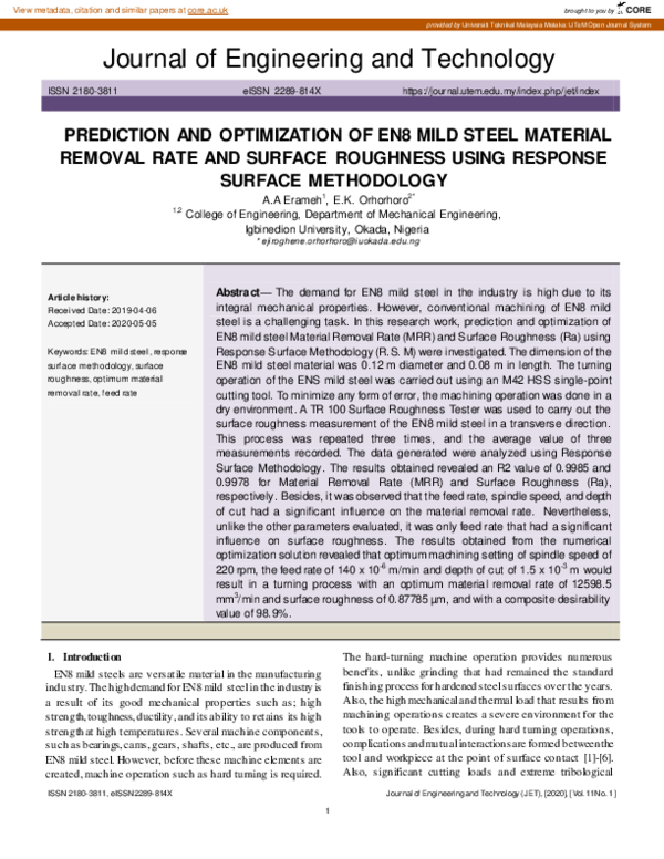 Pdf Prediction And Optimization Of En8 Mild Steel Material Removal