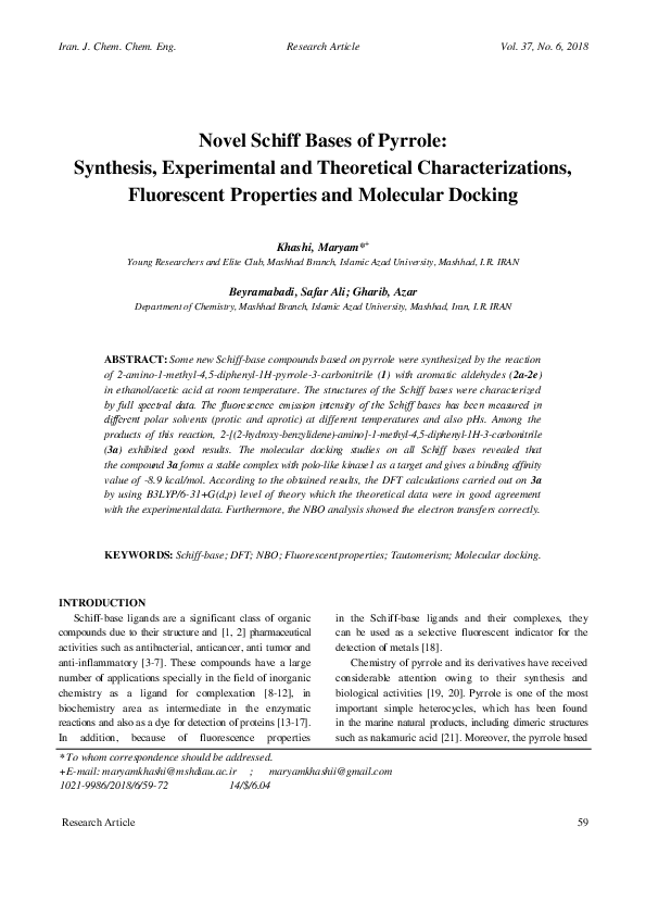 (PDF) Pyrrole Schiff Bases: Synthesis, Fluorescence, and Docking Study