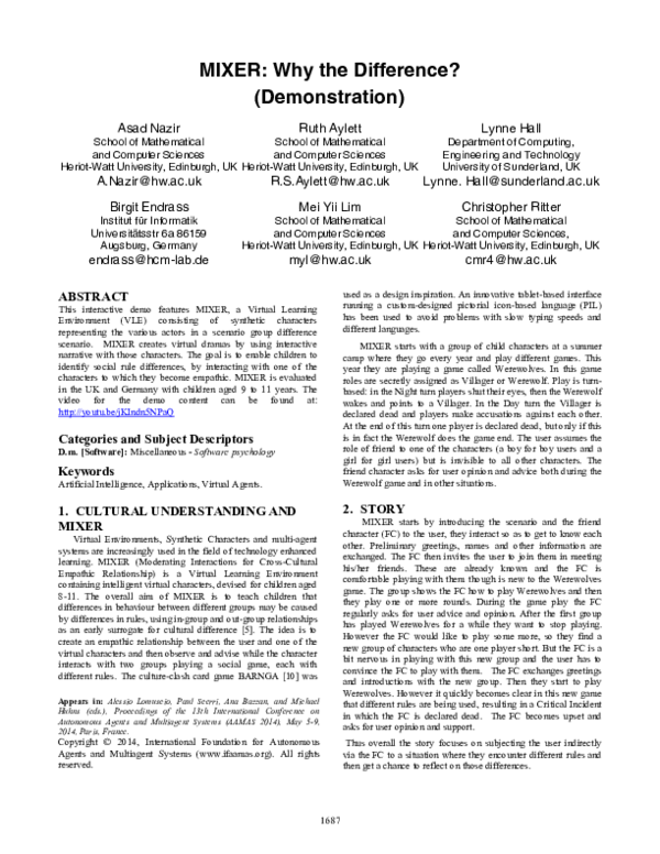 (PDF) MIXER: Why the Difference? (Demonstration) | Ruth Aylett ...