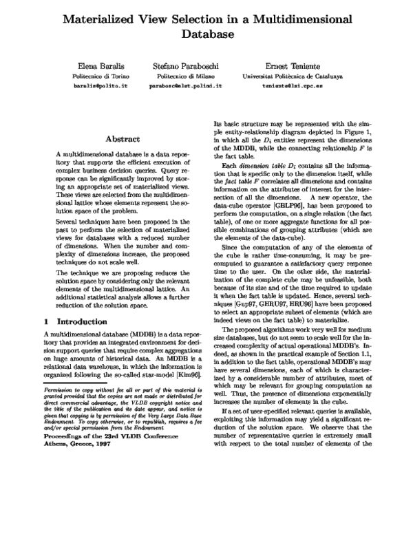 Pdf Materialized View Selection In A Multidimensional Database