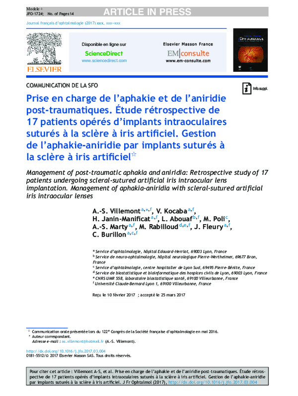 (PDF) Prise en charge de l’aphakie et de l’aniridie post-traumatiques ...