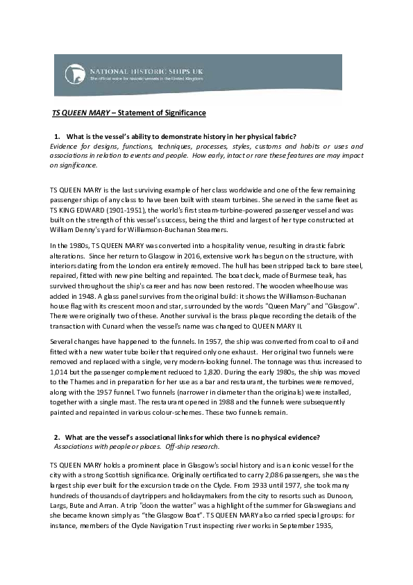 (PDF) TS Queen Mary Statement of Significance 2023