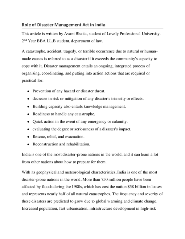 (PDF) Role of Disaster Management Act in India