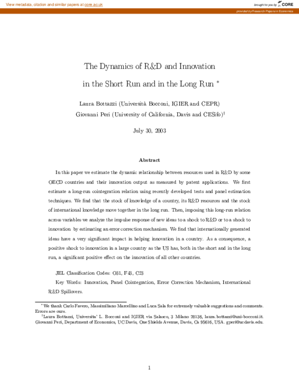 (PDF) The Dynamics of R&D and Innovation in the Long Run and in the ...