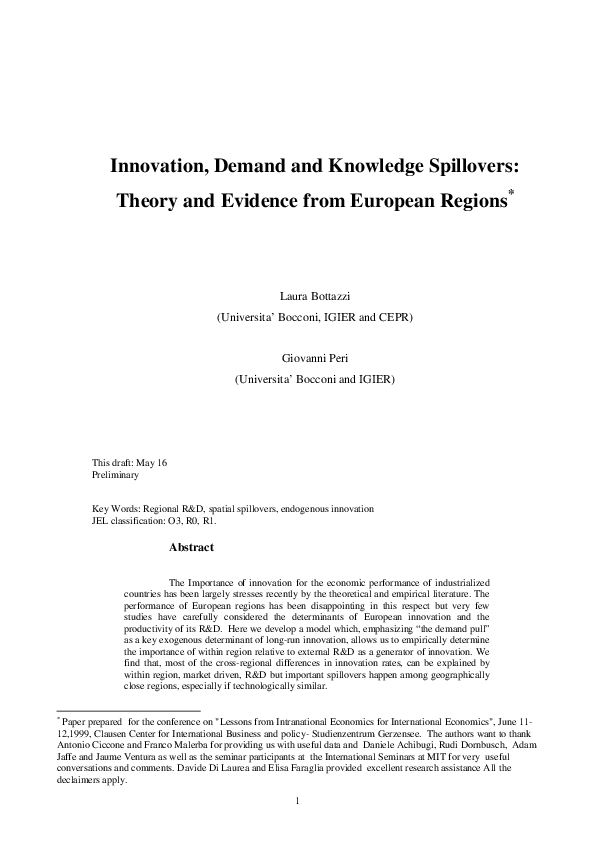 (PDF) Innovation, Demand and Knowledge Spillovers: Theory and Evidence from European Regions